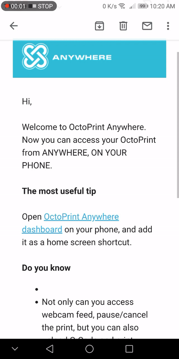 Home Screen Shortcut OctoPrint Anywhere
